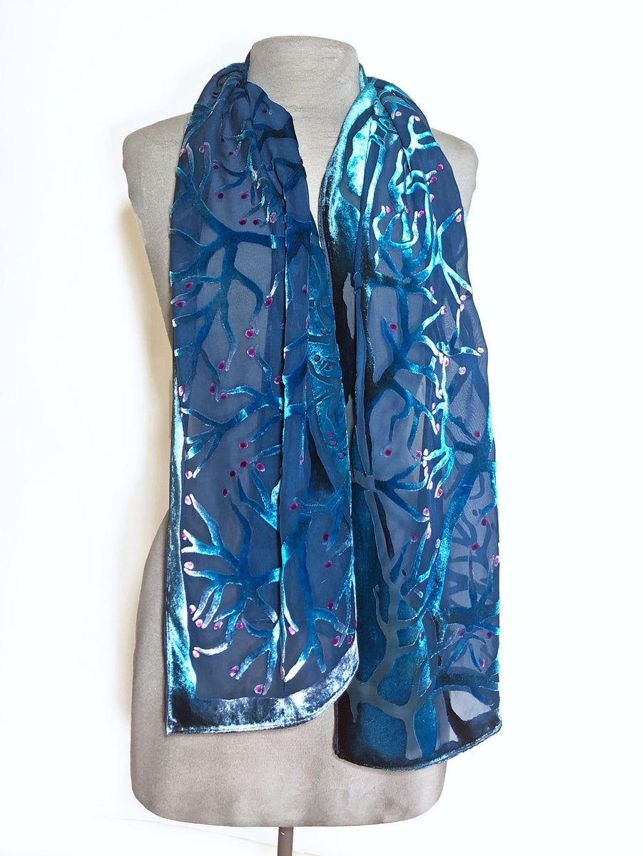 Blue Velvet Scarf of Branches with Rain Drops Pattern – Sherit Levin