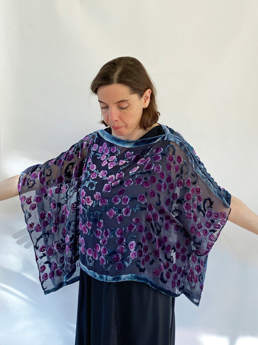 Velvet Poncho Top in Navy with Purple Roses – Sherit Levin