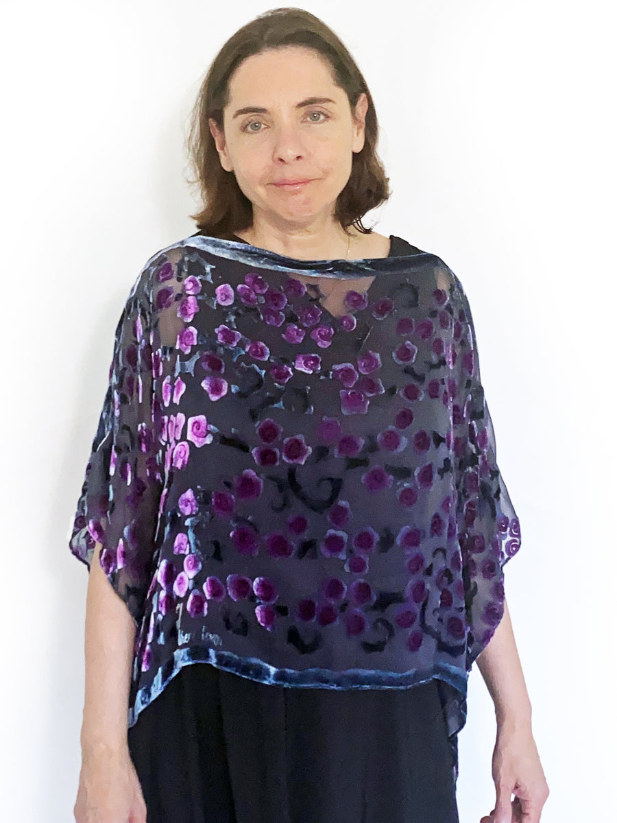 Velvet Poncho Top in Navy with Purple Roses – Sherit Levin