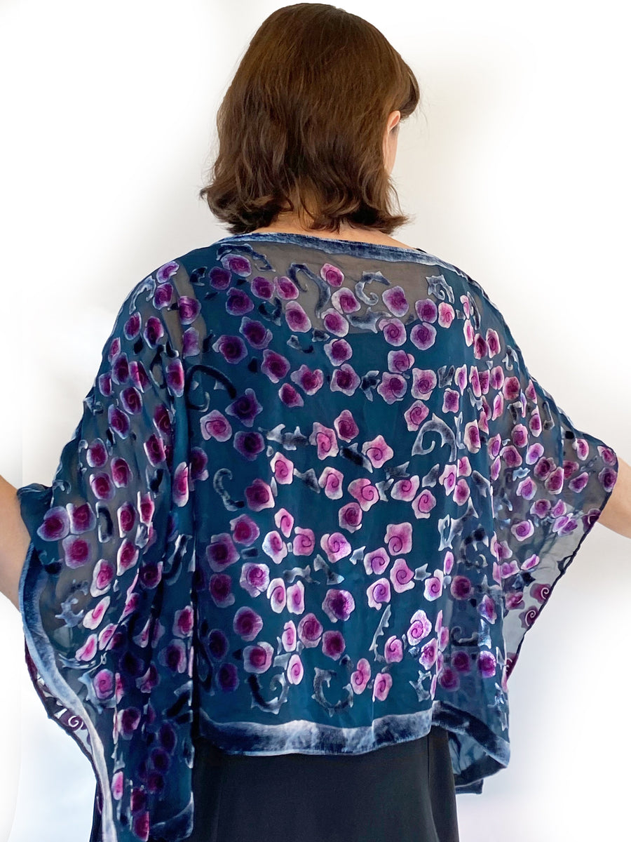 Velvet Poncho Top in Navy with Purple Roses – Sherit Levin